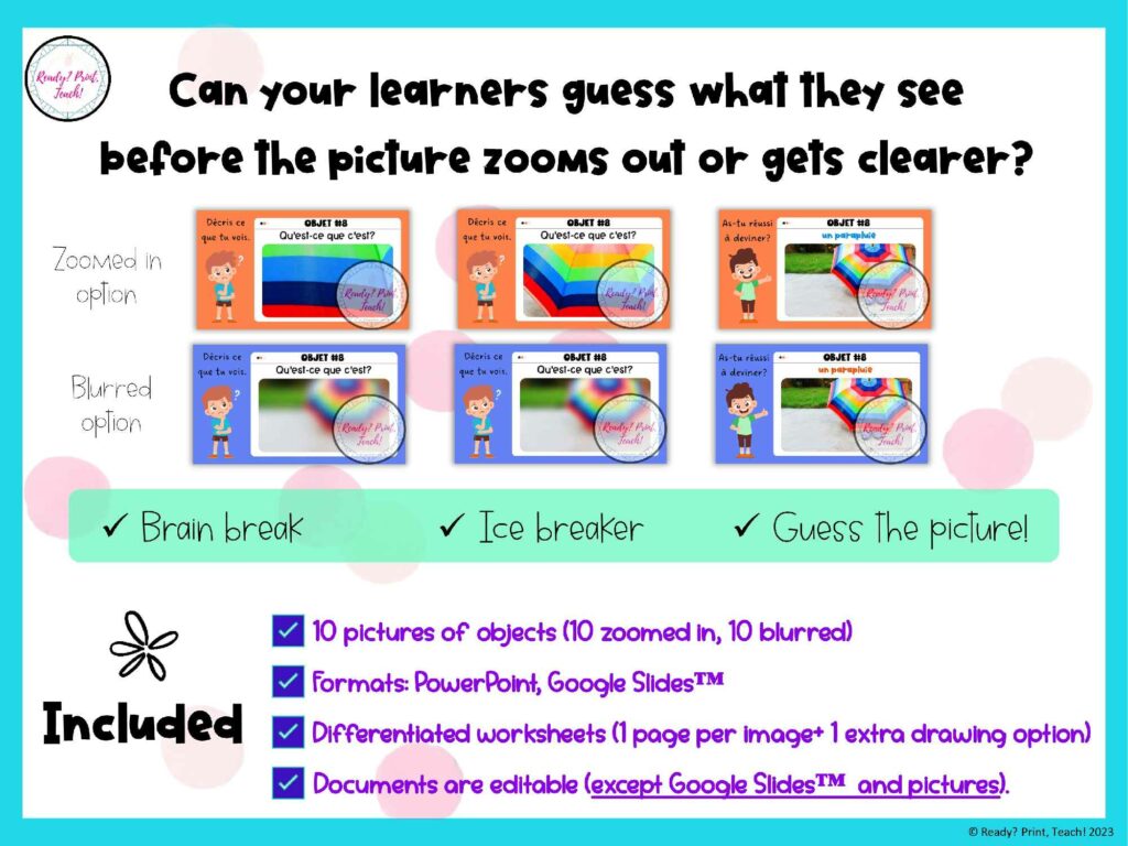 French Ice breaker Brain break Vocabulary Guess picture game Sentence ...