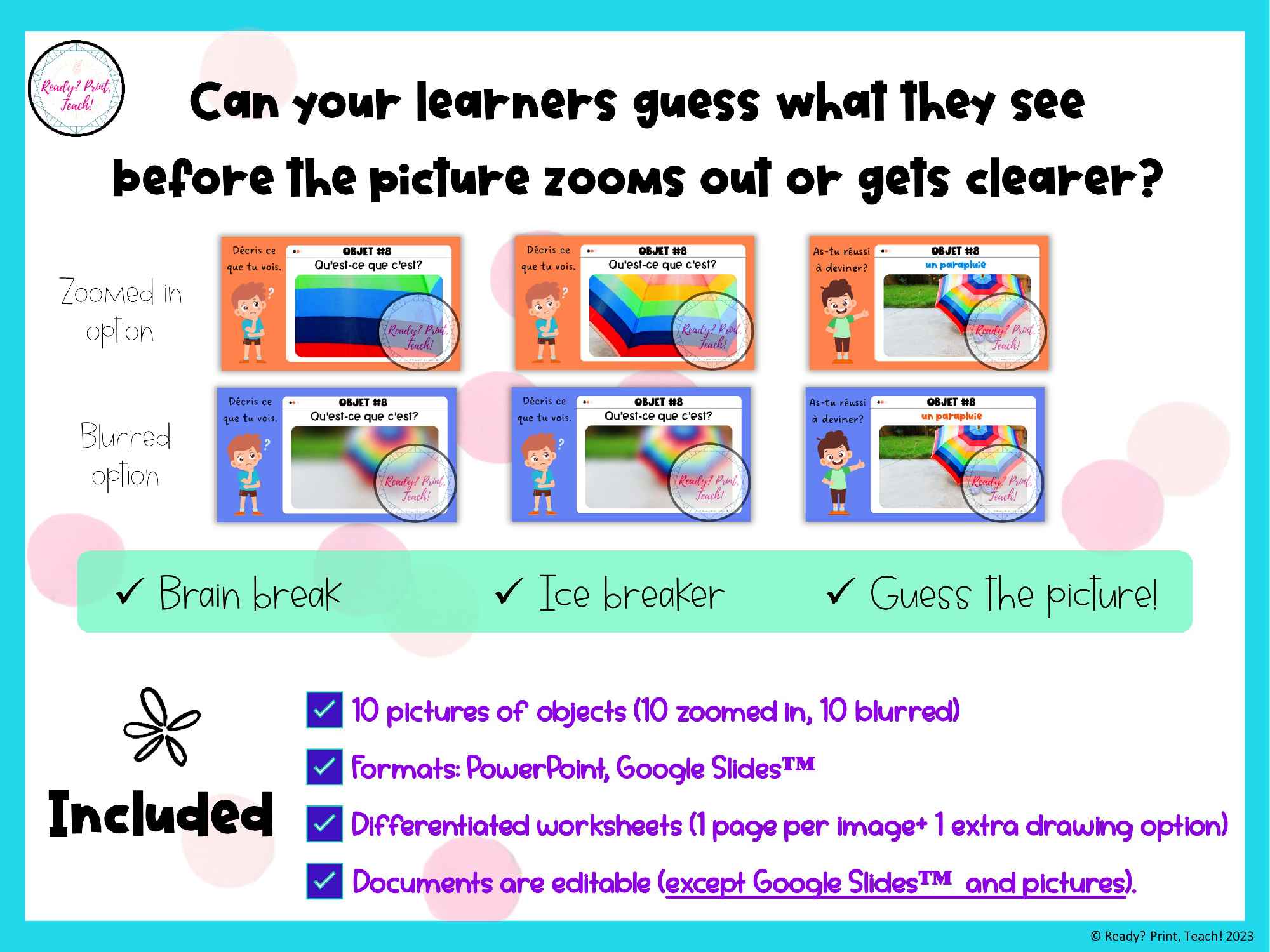 French Ice breaker Brain break Vocabulary Guess picture game Sentence ...