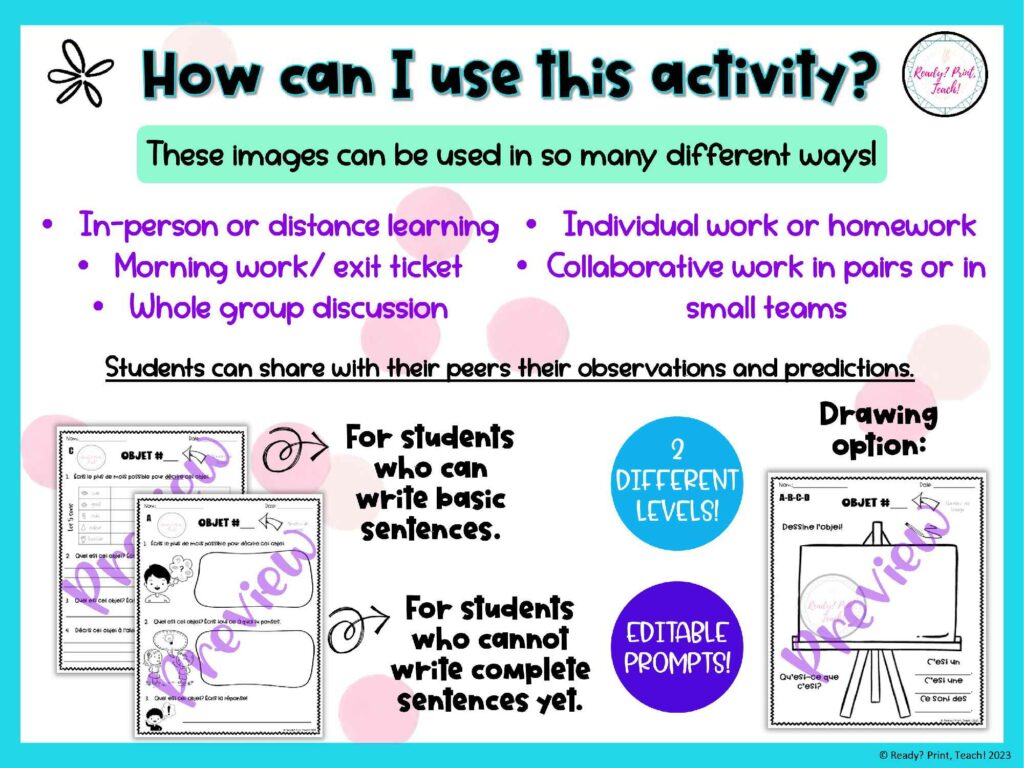 French Ice breaker Brain break Vocabulary Guess picture game Sentence ...