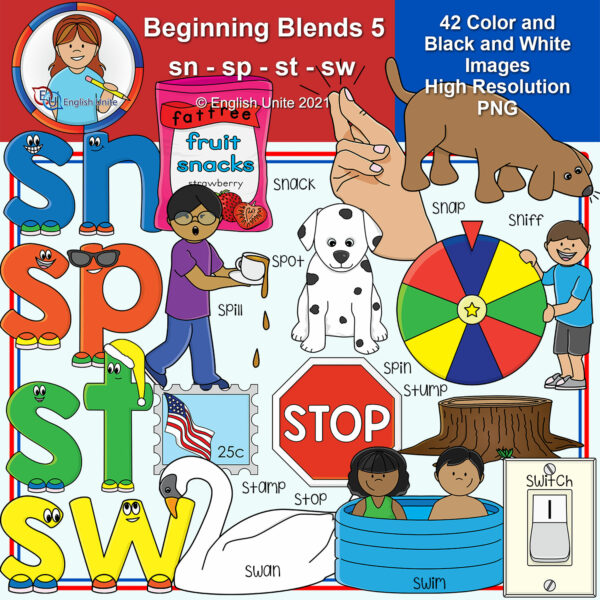 Clip Art - Beginning Blends 5 (sn/sp/st/sw) | Made By Teachers
