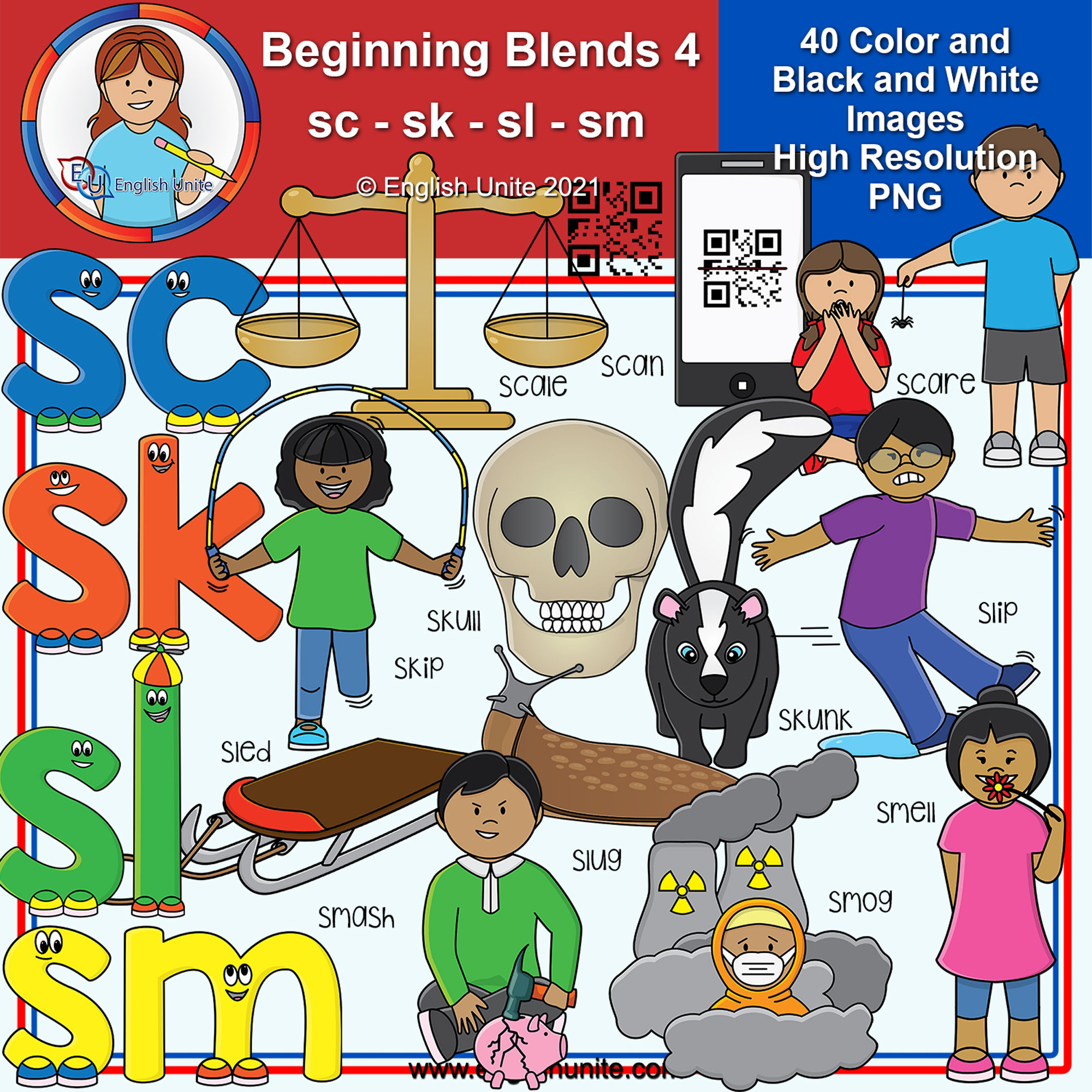 Clip Art - Beginning Blends 4 (sc/sk/sl/sm) | Made By Teachers