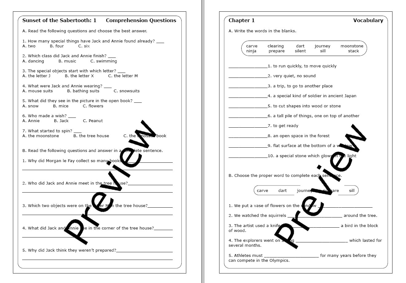 Magic Tree House "Sunset of the Sabertooth" worksheets | Made By Teachers