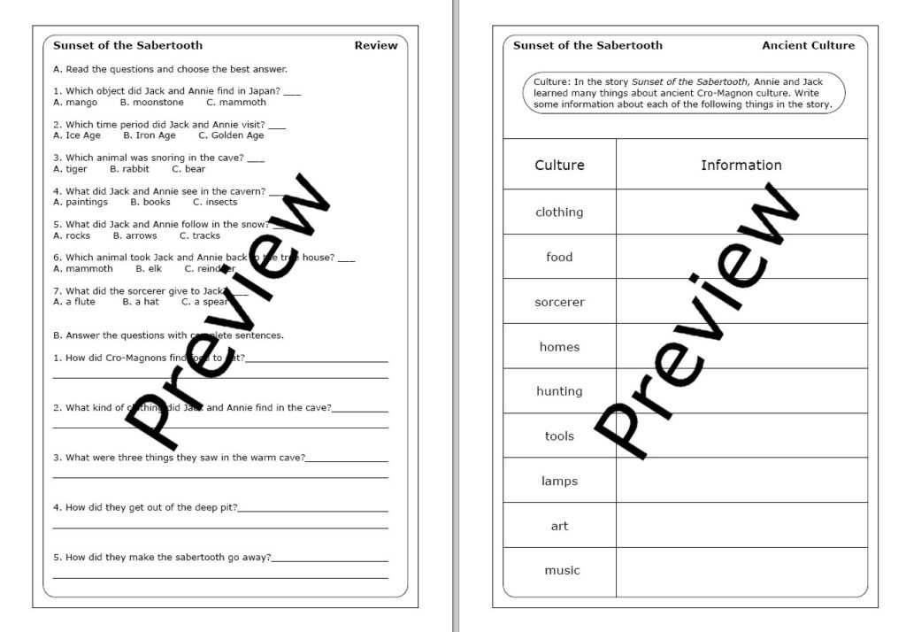 Magic Tree House "Sunset of the Sabertooth" worksheets | Made By Teachers