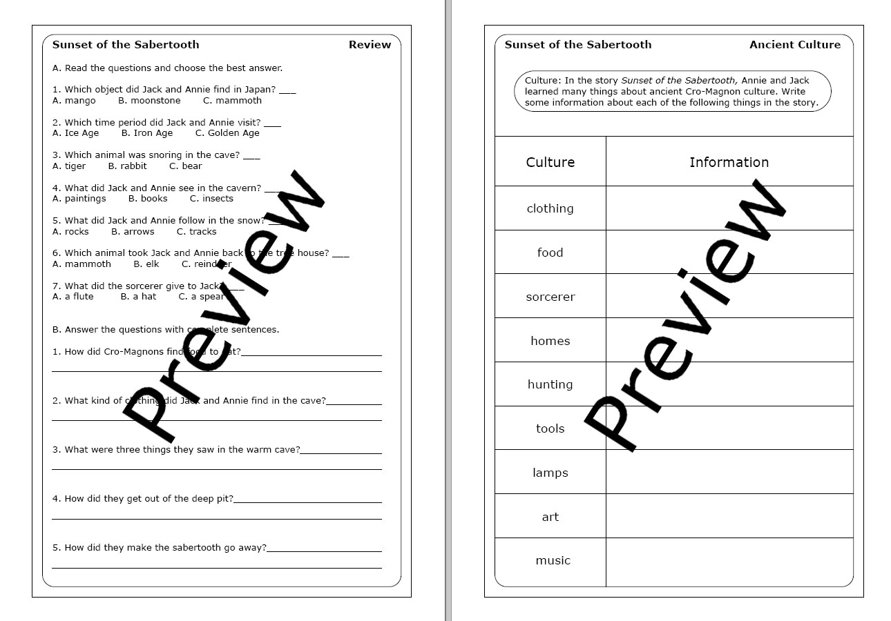 Magic Tree House "Sunset of the Sabertooth" worksheets | Made By Teachers