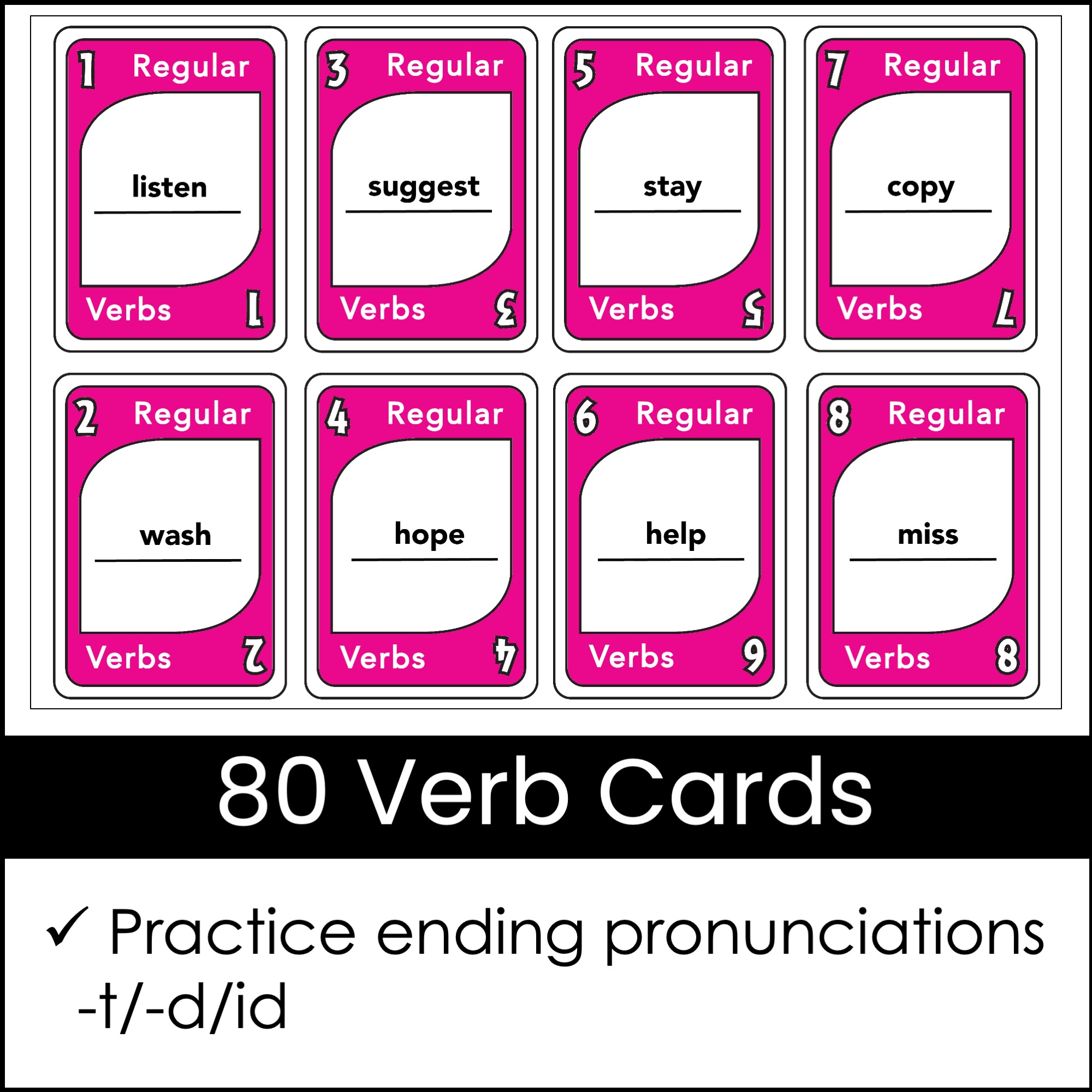 Regular Past Tense Verb Card Game - Ending Pronunciations -t -d -id ...