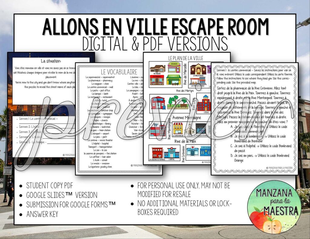 Nous Allons en Ville French Escape Room for city and places vocabulary ...