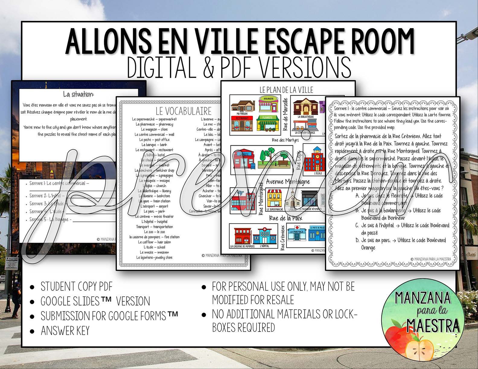 Nous Allons en Ville French Escape Room for city and places vocabulary ...