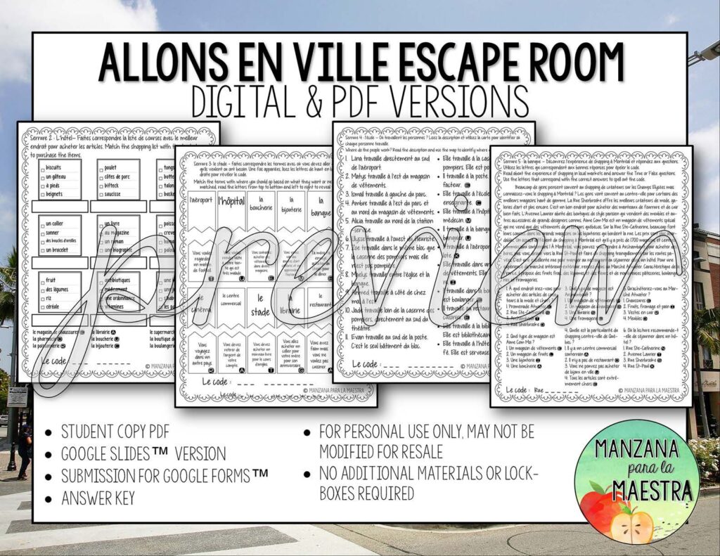 Nous Allons en Ville French Escape Room for city and places vocabulary ...