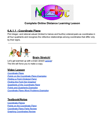 Complete Online Distance Learning 6th Math Coordinate Plane 6.A.1.1 ...