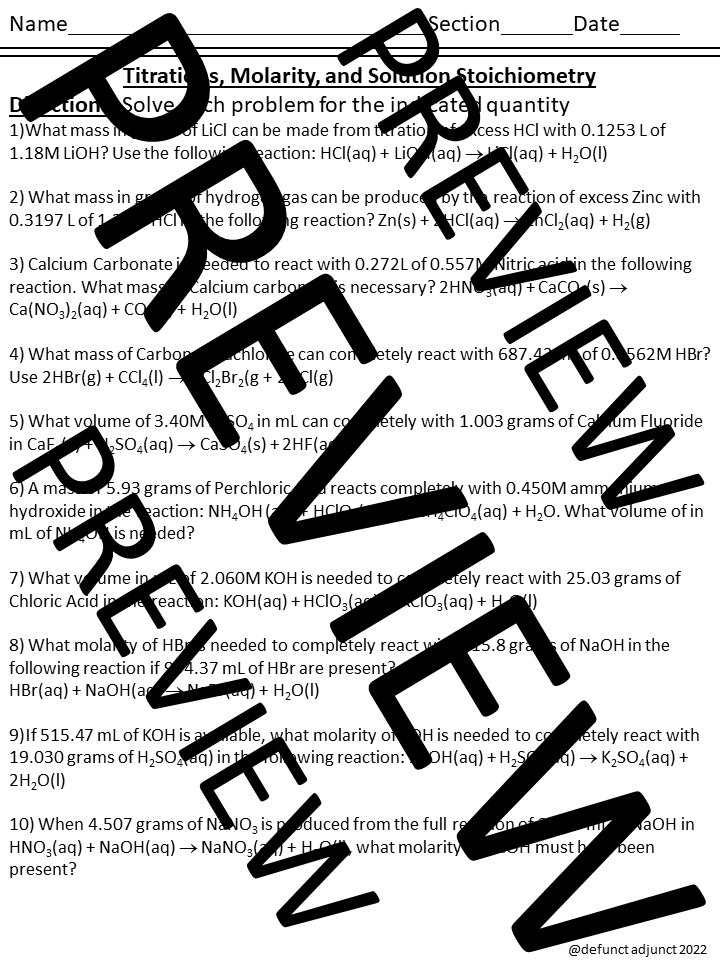 Solution and Titration Stoichiometry: a Chemistry Worksheet | Made By ...