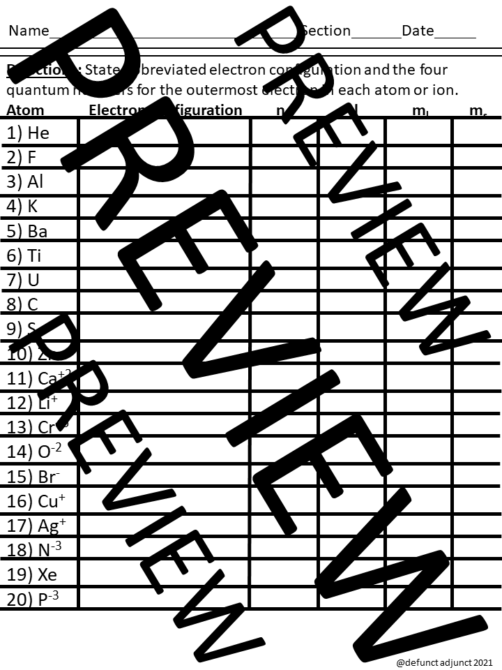 Electrons and the 4 Quantum Numbers: A Chemistry Worksheet | Made By ...