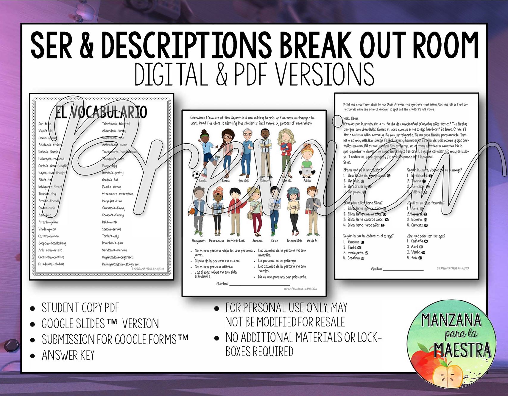 Ser and descriptions Spanish Escape Room printable and digital | Made ...