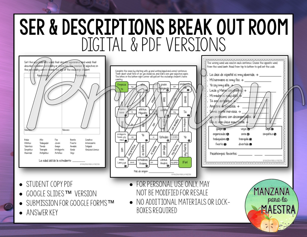 Ser and descriptions Spanish Escape Room printable and digital | Made ...
