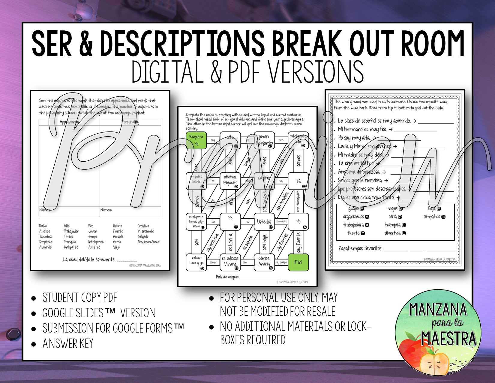 Ser and descriptions Spanish Escape Room printable and digital | Made ...