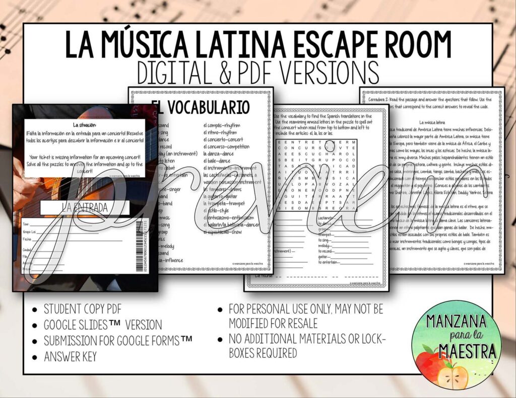 La Música Spanish escape room | Made By Teachers