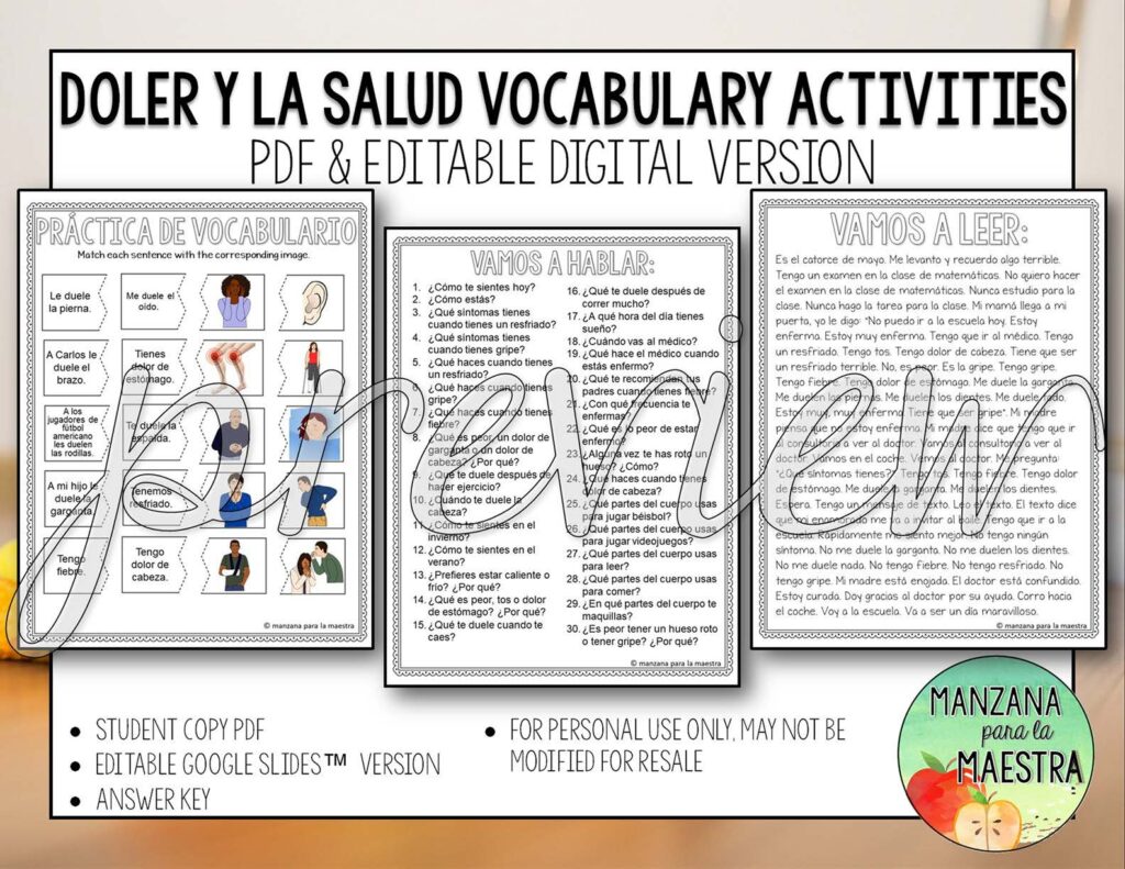 Doler y la salud Vocabulary Activities for pain, health and body in ...