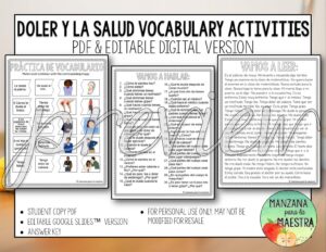 Doler y la salud Vocabulary Activities for pain, health and body in ...