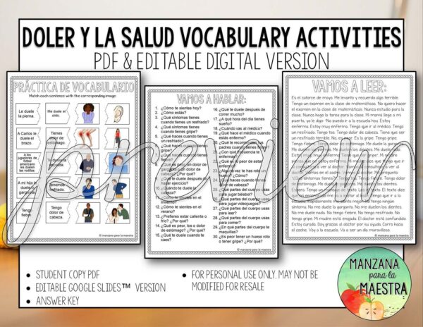 Doler y la salud Vocabulary Activities for pain, health and body in ...
