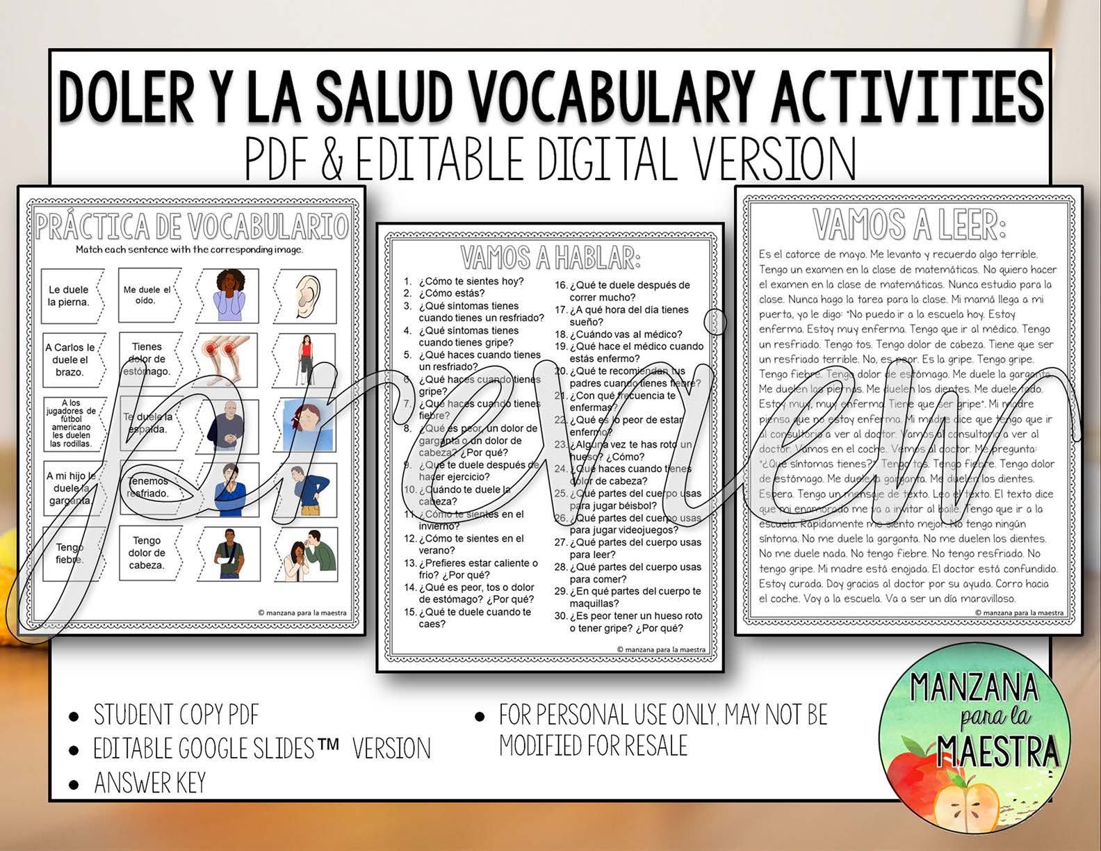Doler y la salud Vocabulary Activities for pain, health and body in ...