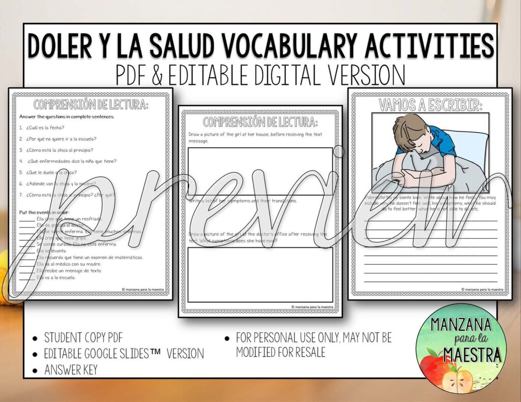Doler y la salud Vocabulary Activities for pain, health and body in ...
