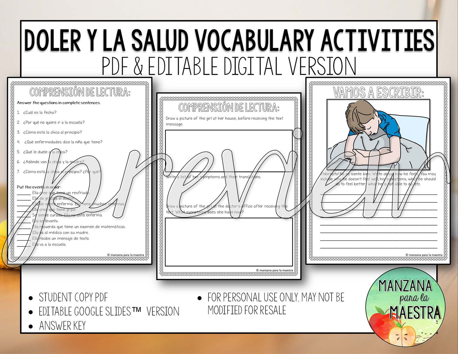 Doler y la salud Vocabulary Activities for pain, health and body in ...