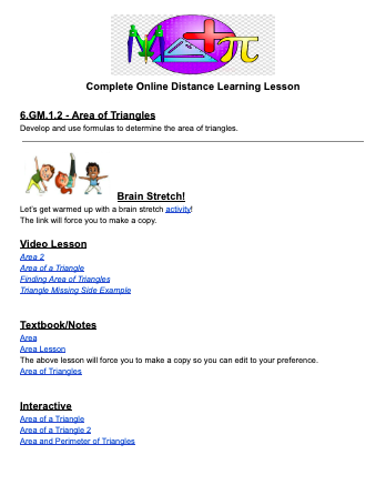 Complete Online Distance Learning 6th Math Area of Triangles 6.GM.1.2 ...