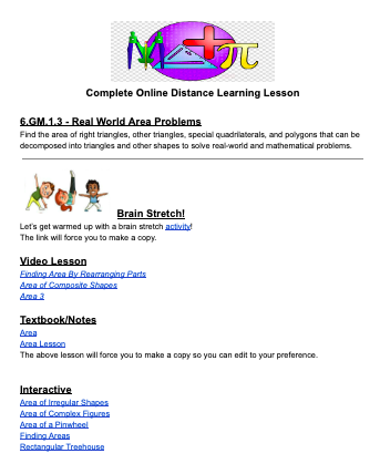 Complete Online Distance Learning 6th Math Real World Area Problems 6 ...