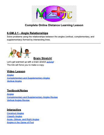Complete Online Distance Learning 6th Math Angle Relationships 6.GM.2.1 ...