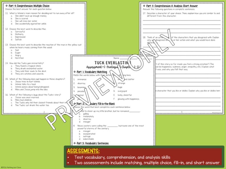 Tuck Everlasting Novel Study Unit | Comprehension with Activities and ...