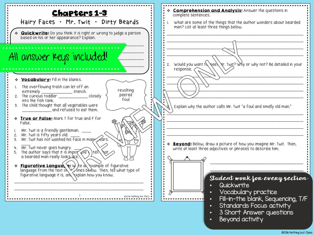 The Twits Novel Study Unit | Comprehension and Vocabulary with ...