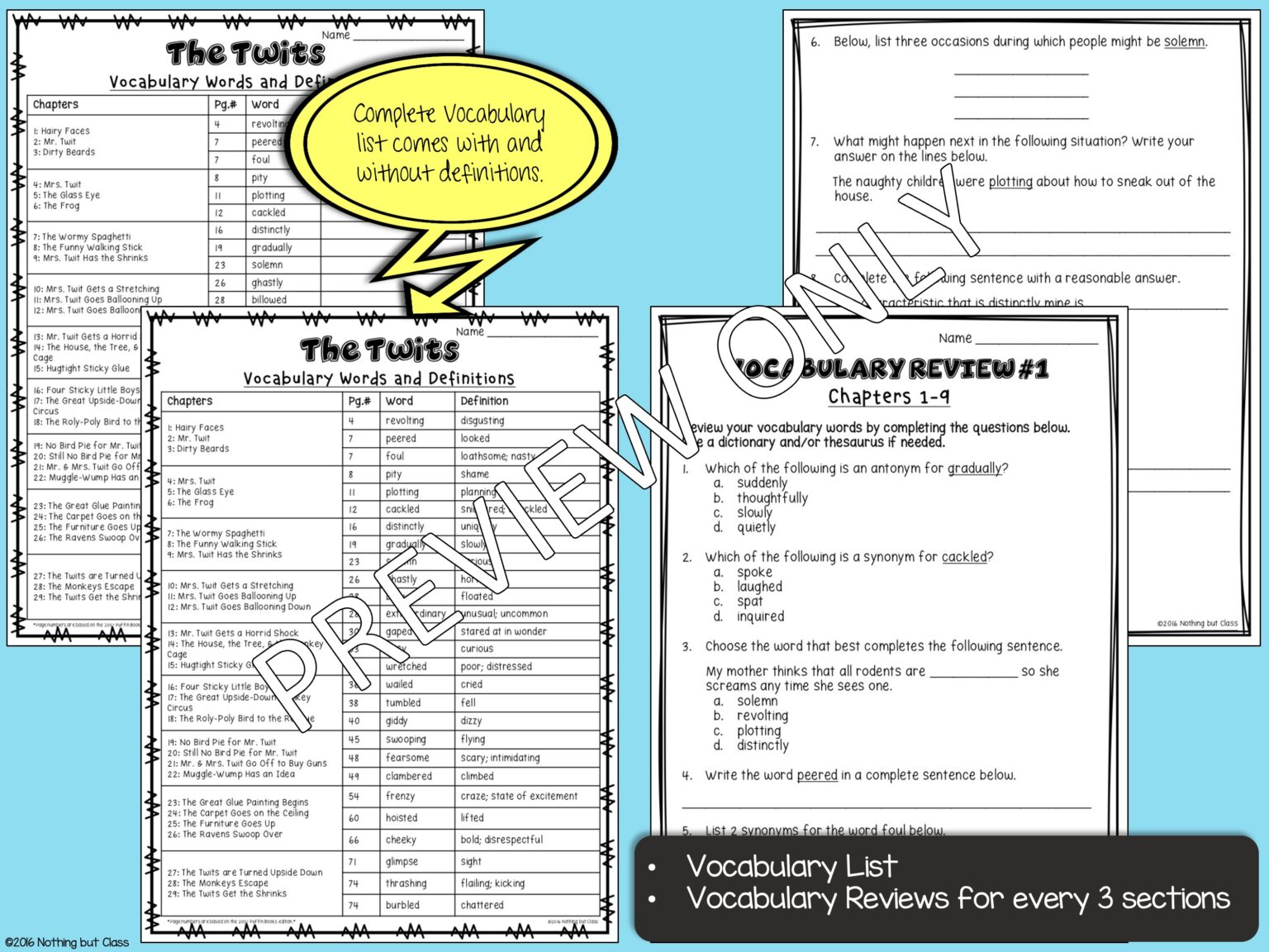 The Twits Novel Study Unit | Comprehension and Vocabulary with ...