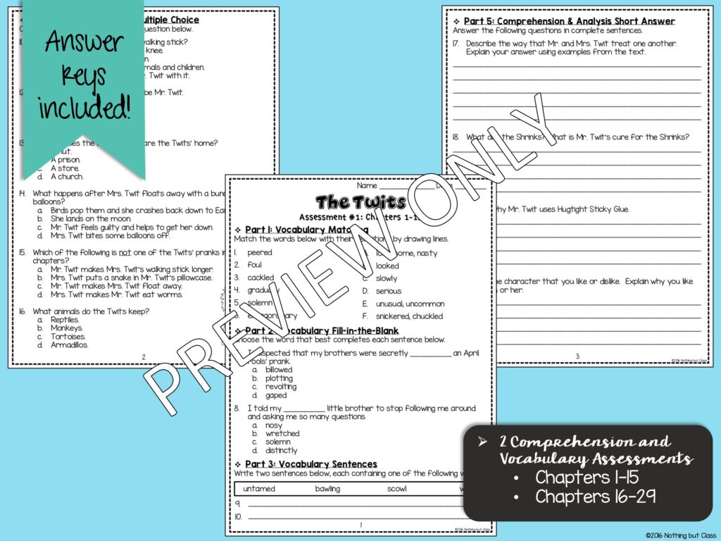 The Twits Novel Study Unit | Comprehension and Vocabulary with ...