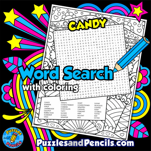 Candy Word Search Puzzle with Coloring | Valentine's Day Wordsearch ...