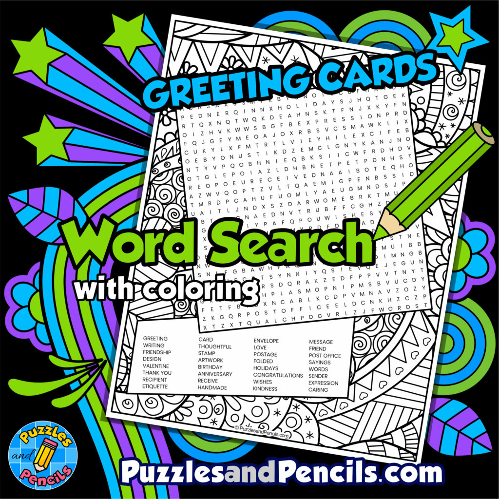Greeting Cards Word Search Puzzle with Coloring | Valentine's Day ...