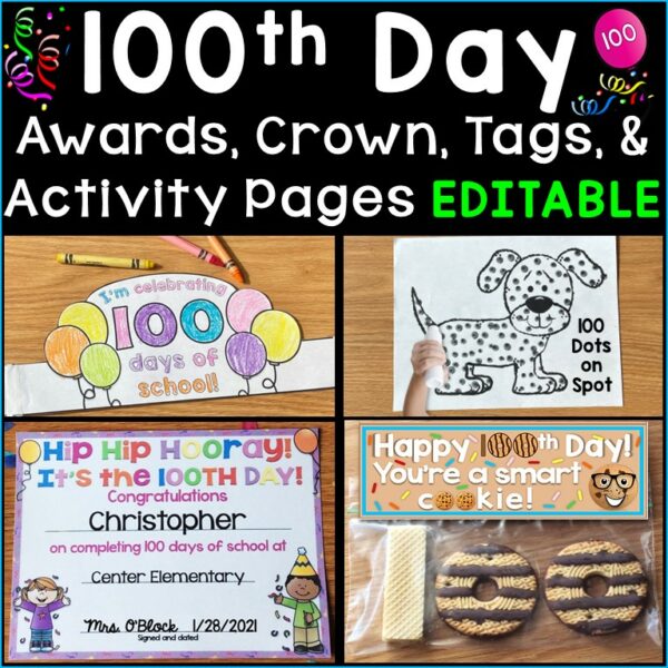 100th Day of School Awards Certificates Crown Treat Tags Activity Pages ...