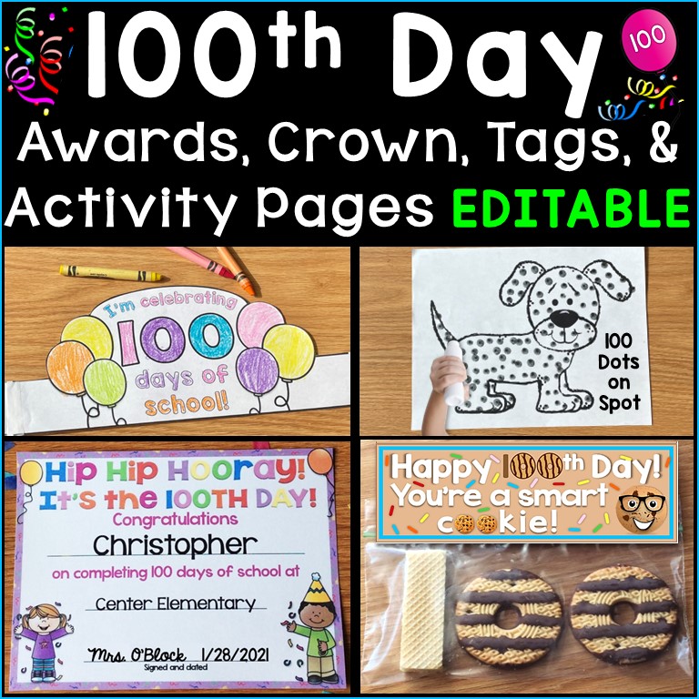 100th Day of School Awards Certificates Crown Treat Tags Activity Pages ...