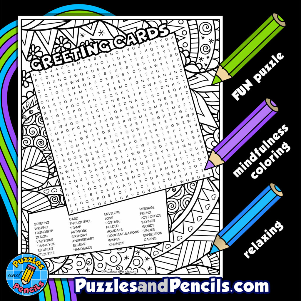 Greeting Cards Word Search Puzzle with Coloring | Valentine's Day ...