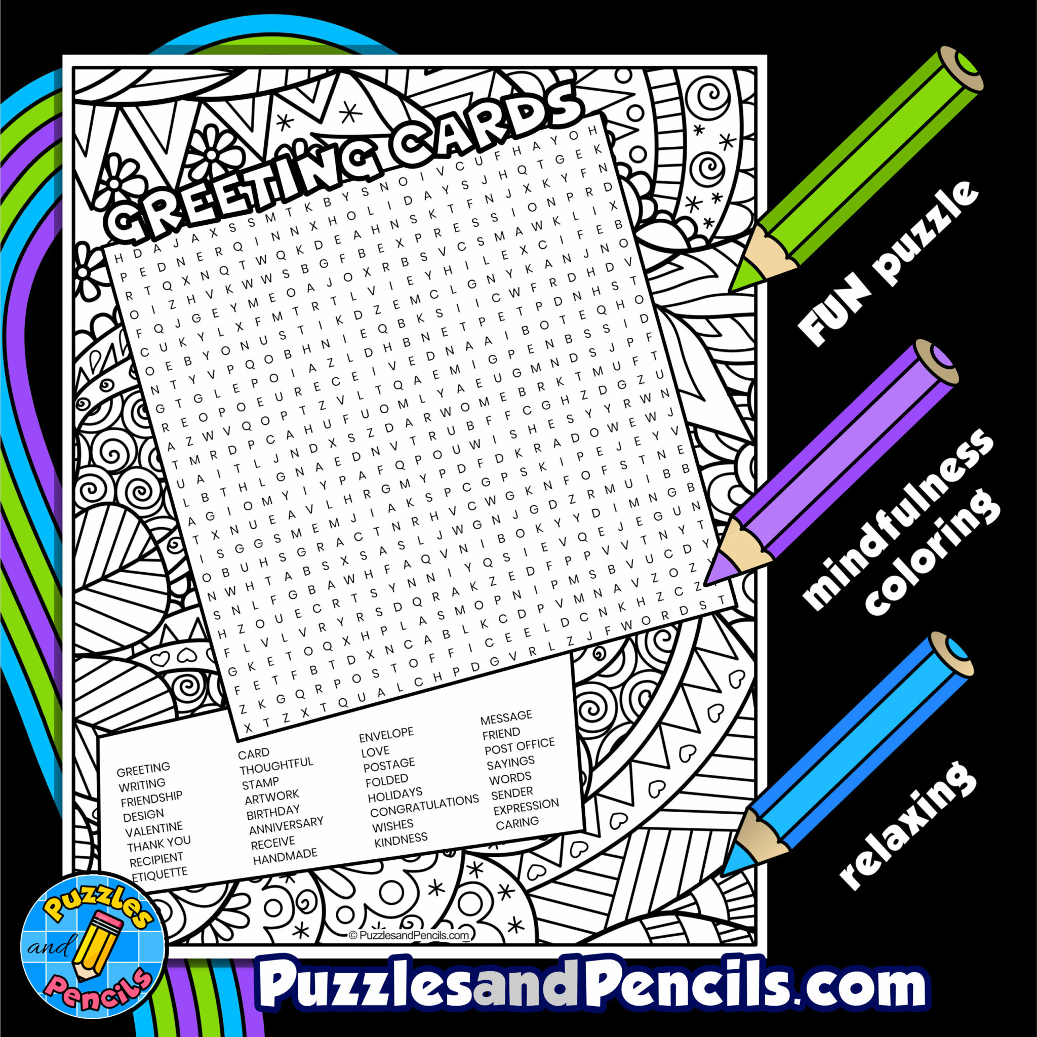 Greeting Cards Word Search Puzzle with Coloring | Valentine's Day ...
