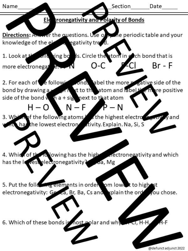Electronegativity and Bond Polarity: a Chemistry Worksheet | Made By ...