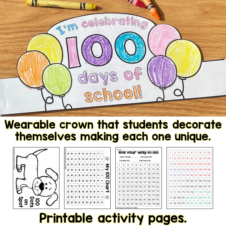 100th Day of School Awards Certificates Crown Treat Tags Activity Pages ...