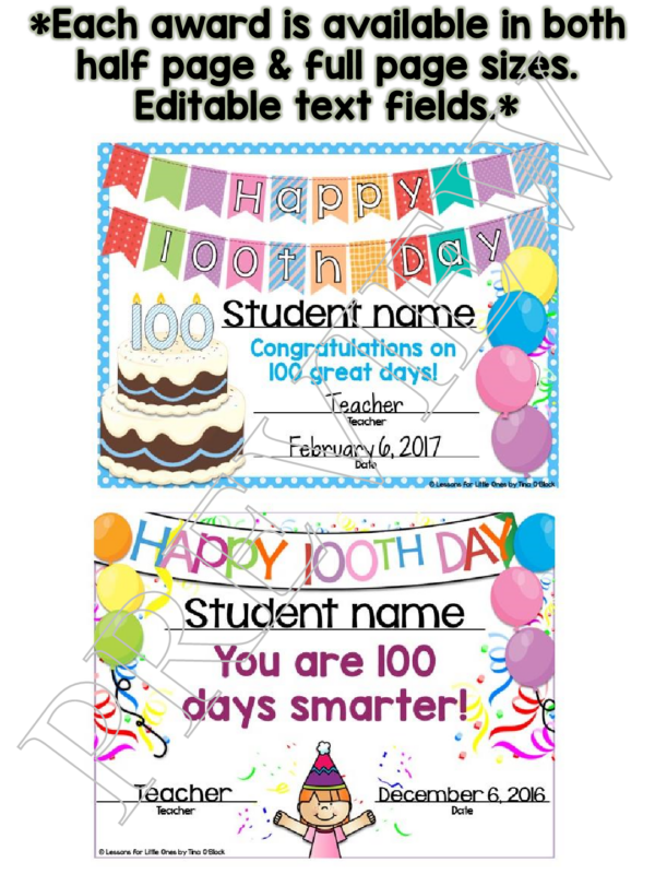 100th Day of School Awards Certificates Crown Treat Tags Activity Pages ...