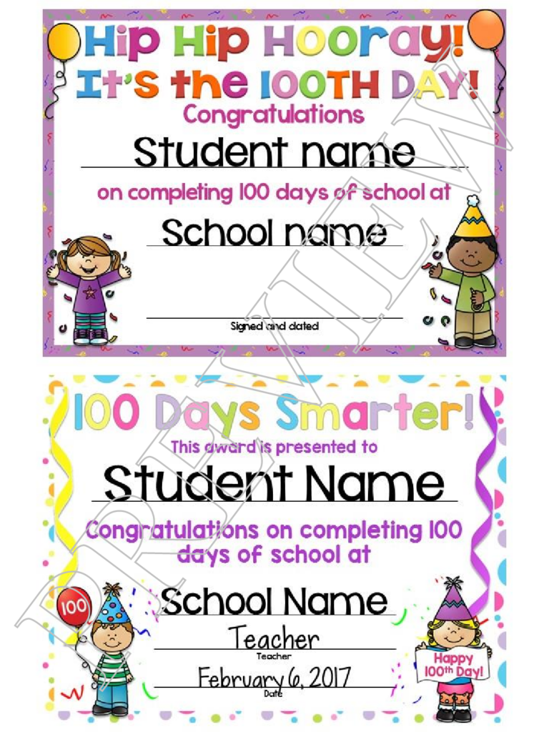 100th Day of School Awards Certificates Crown Treat Tags Activity Pages ...