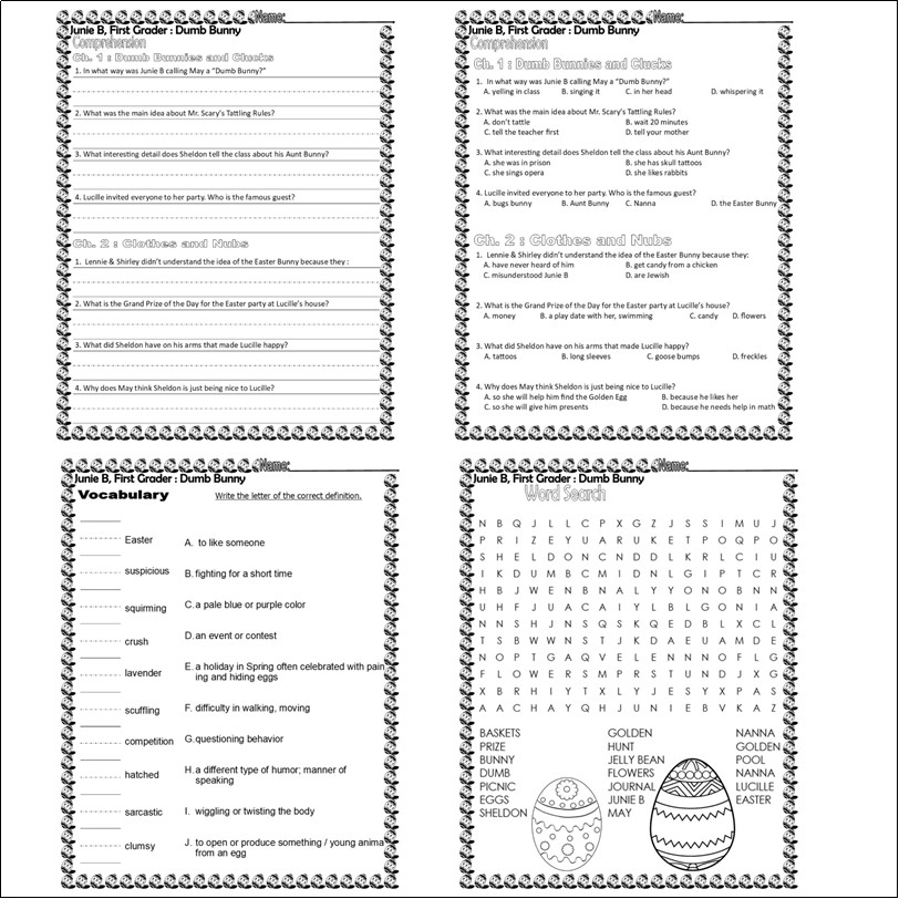 Junie B Jones Dumb Bunny Easter Book Companion Reading Comprehension ...