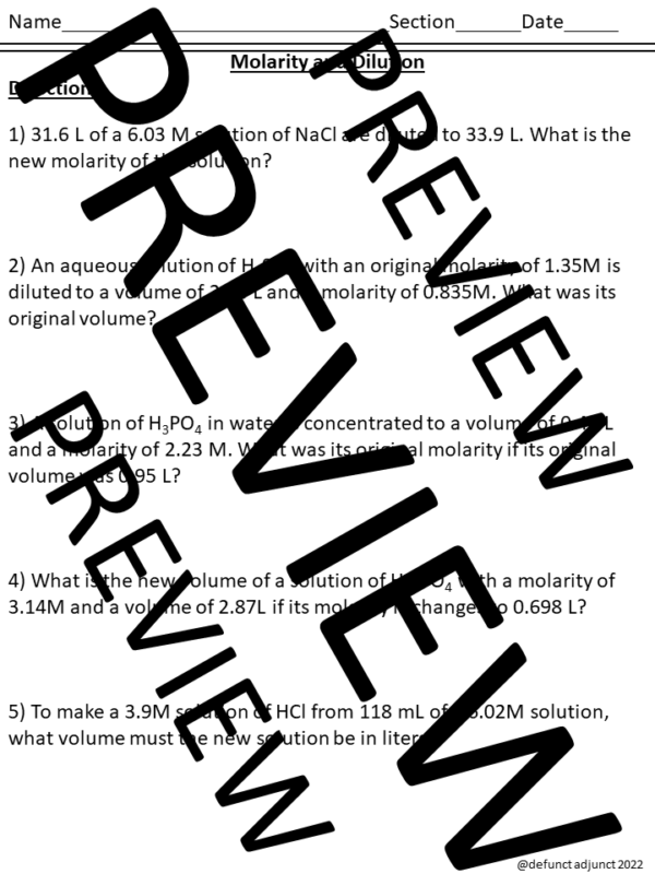 Dilution, Molarity, and Volume Calculations: A Chemistry Worksheet ...