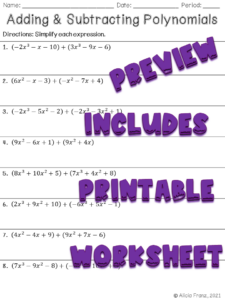Adding and Subtracting Polynomials Activity Digital Pixel Art Mystery ...
