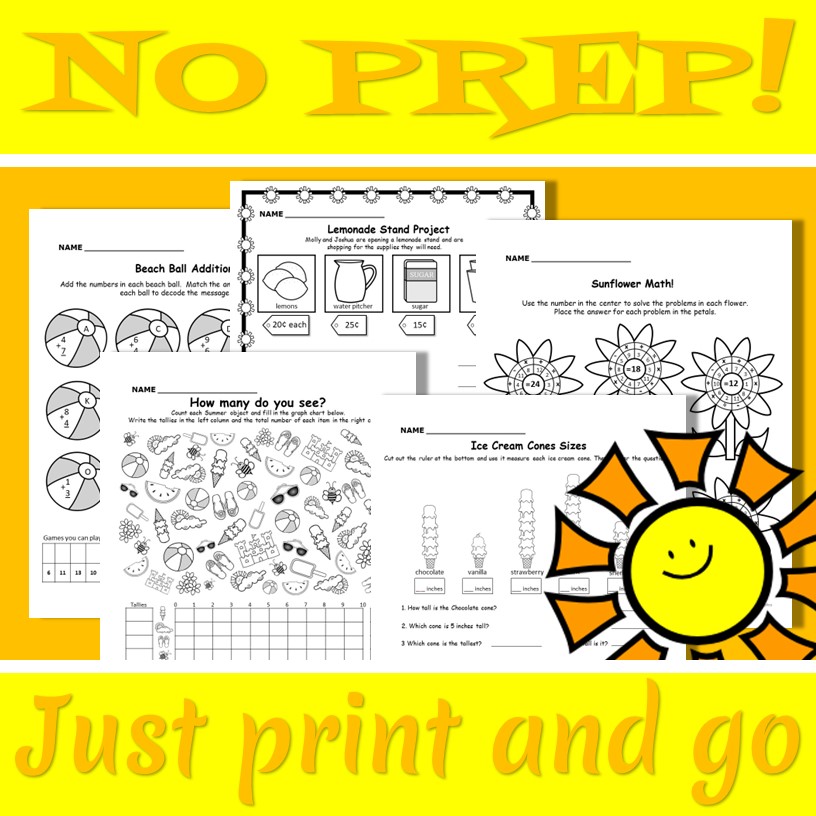 Hello Summer! Math Activity Sheets - No Prep! | Made By Teachers