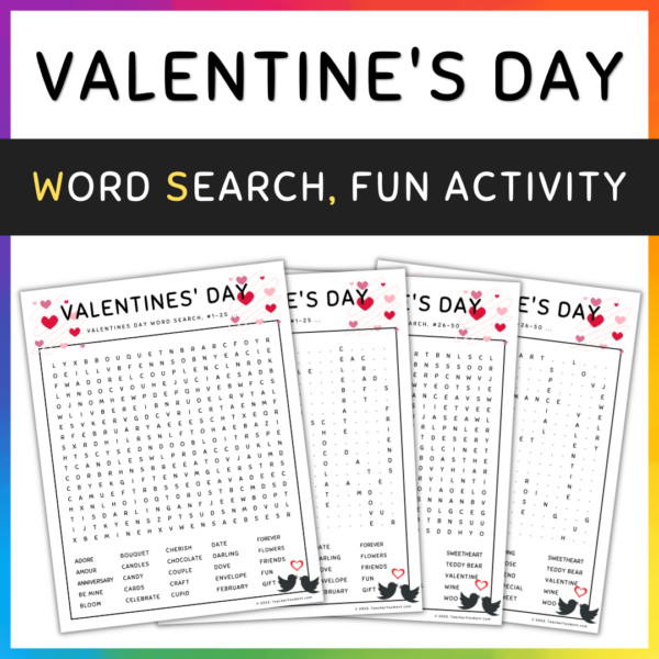 Valentine's Day Word Search, Puzzle Worksheets, Holiday Fun Activity ...