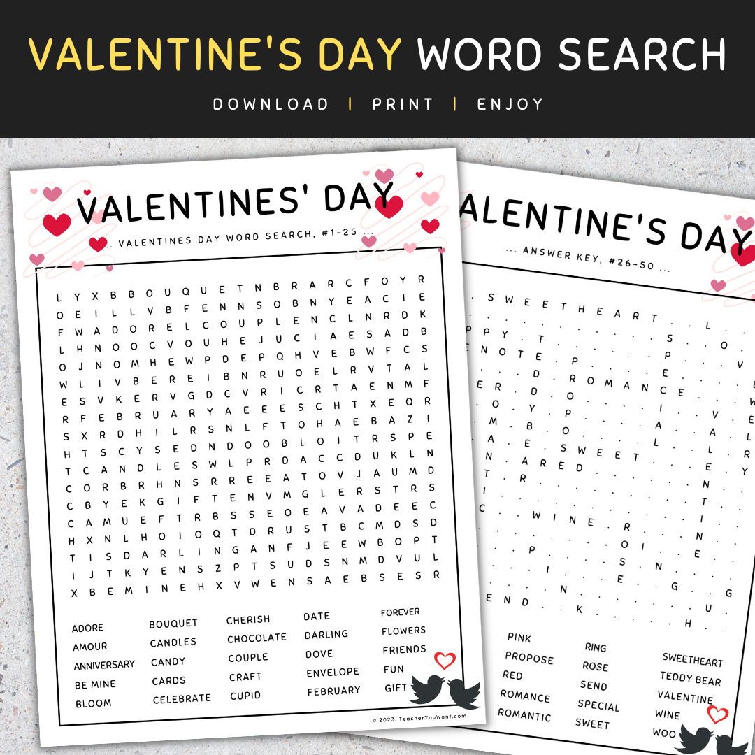 Valentine's Day Word Search, Puzzle Worksheets, Holiday Fun Activity ...