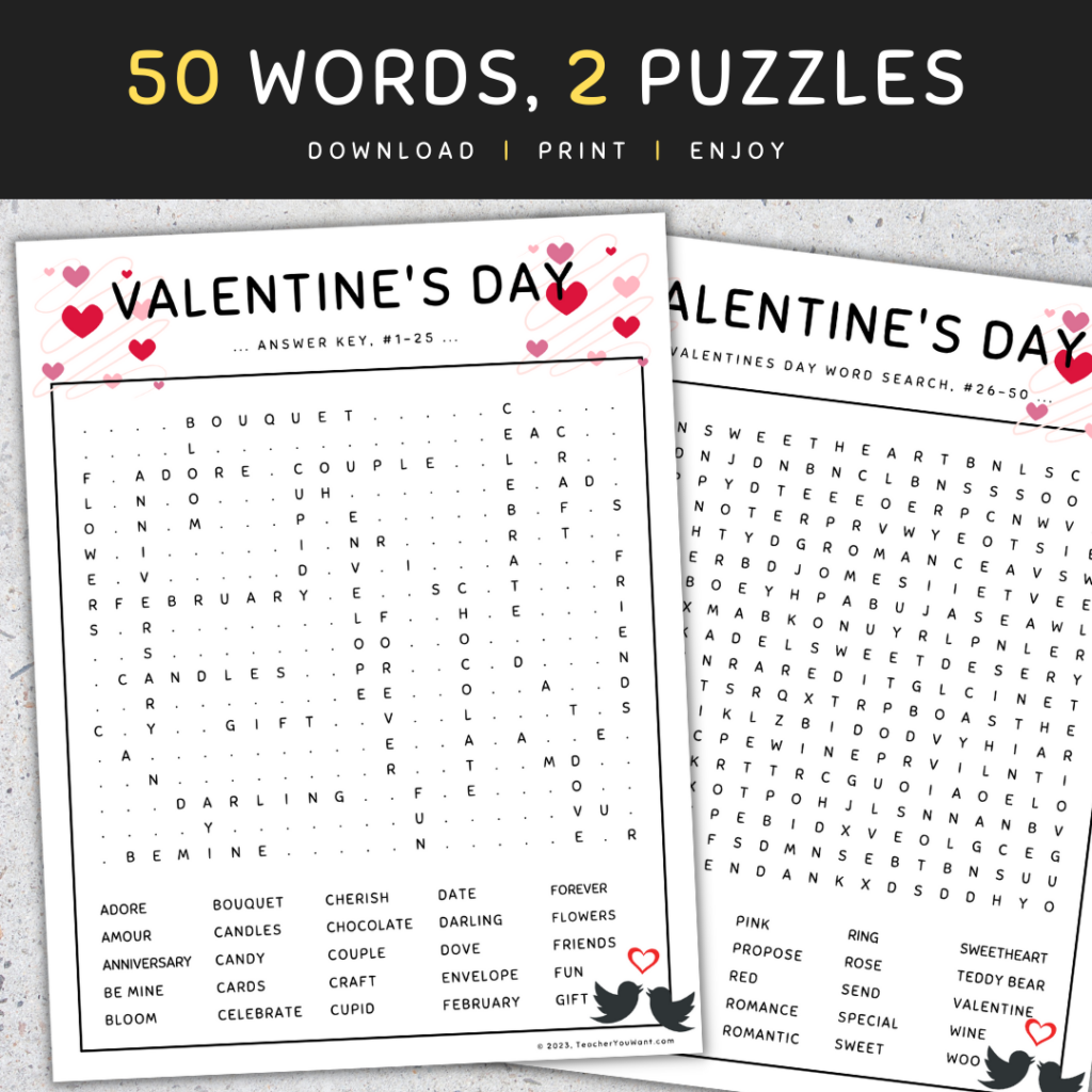 Valentine's Day Word Search, Puzzle Worksheets, Holiday Fun Activity ...