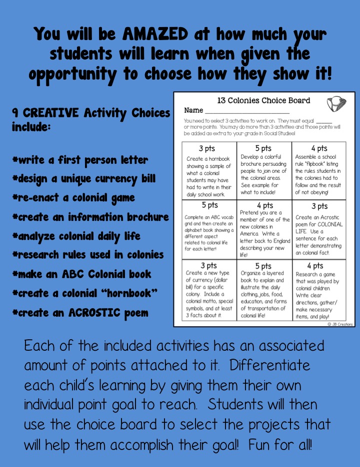13 Colonies Choice Board | Made By Teachers
